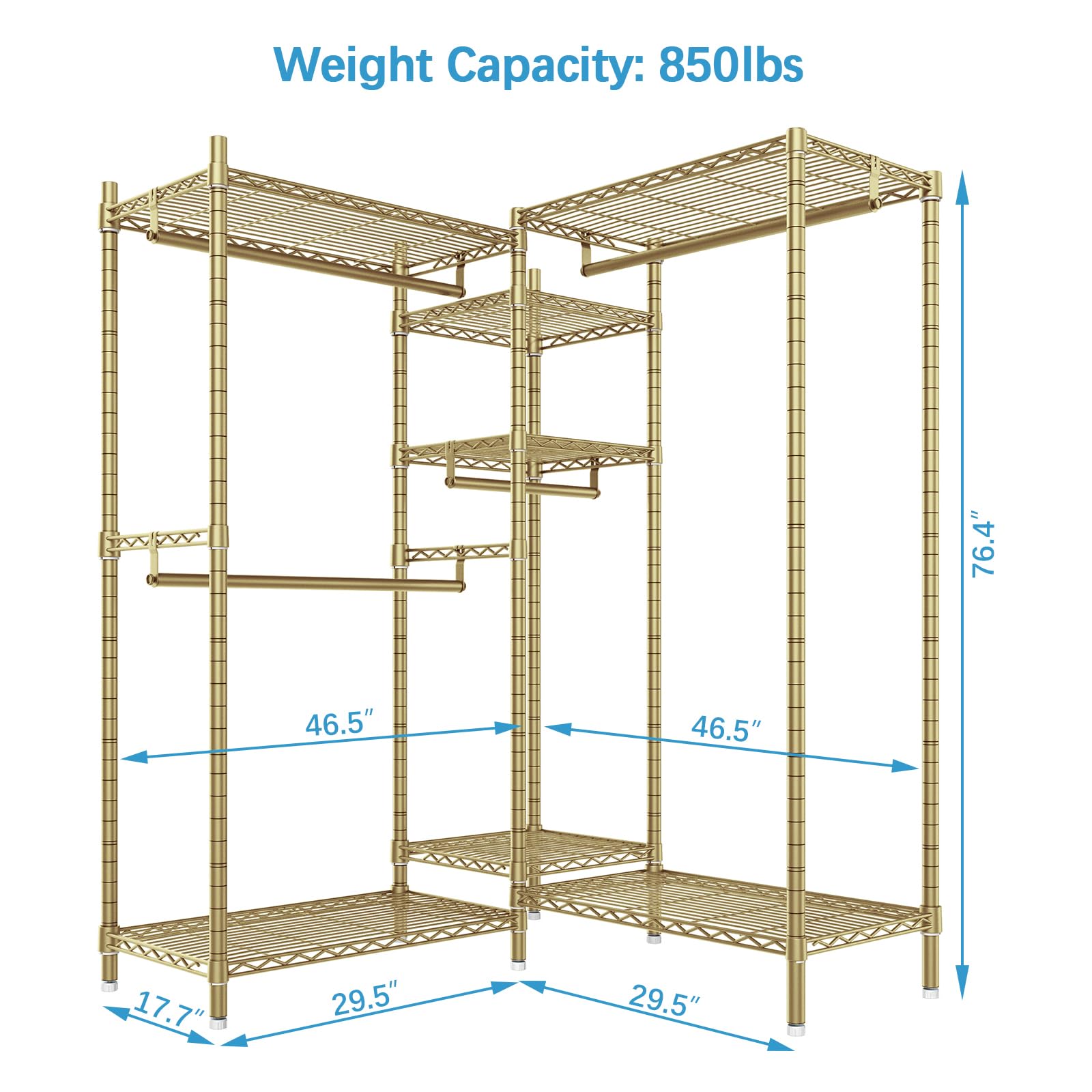 VIPEK L6 L Shaped Clothes Rack Heavy Duty Clothing Rack for Corner, 5-Tier Wire Garment Rack Metal Freestanding Closet with Adjustable Shelves, 46.5" L x 46.5" W x 76.4" H, Max Load 850LBS, Gold