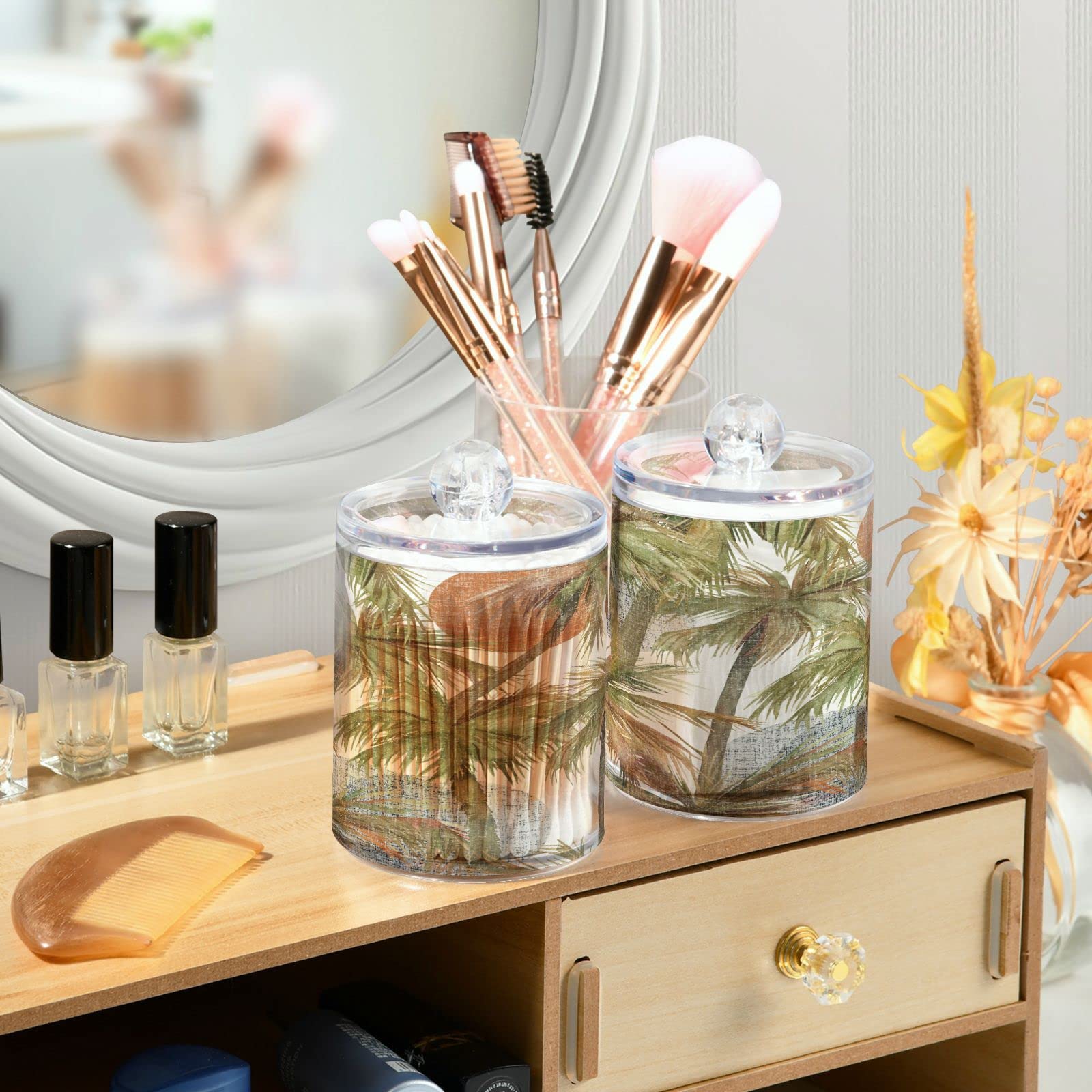 Kigai Abstract Palm Tree Qtip Holder Dispenser - 14OZ Clear Plastic Apothecary Jars Food Storage Jar with Lids Bathroom Canister Organizer for Coffee, Tea, Candy, Floss (2Pack)