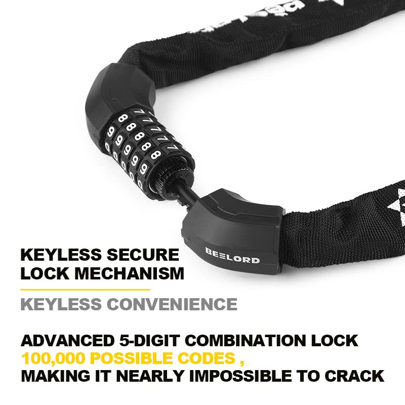 BEELORD Anti-Theft Heavy Duty Bike Lock, 6mm Thicker Security Chain with 2 Keys, Resettable Combination Lock, Black, 3.2Ft Long