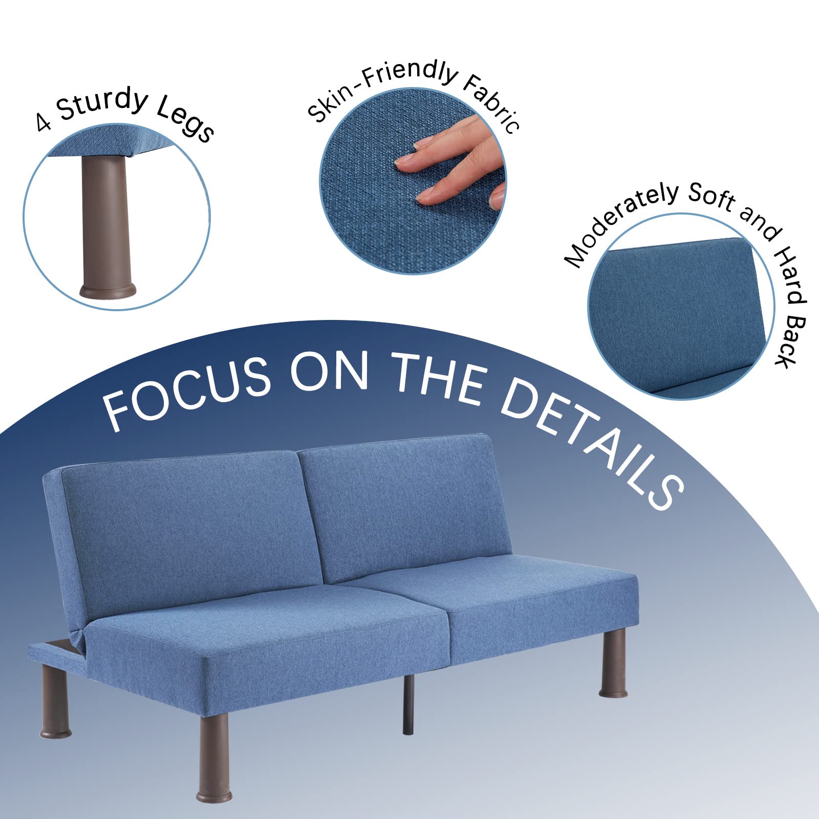 BDEUS 70" Futon Sofa Bed, Convertible Sofa Couch Sleeper with Armless Design, Easy Assembly, 800 lbs Capacity Modern Recliner Lounge Couch for Living Room Apartment Dorm Office (Armless Futon, Blue)