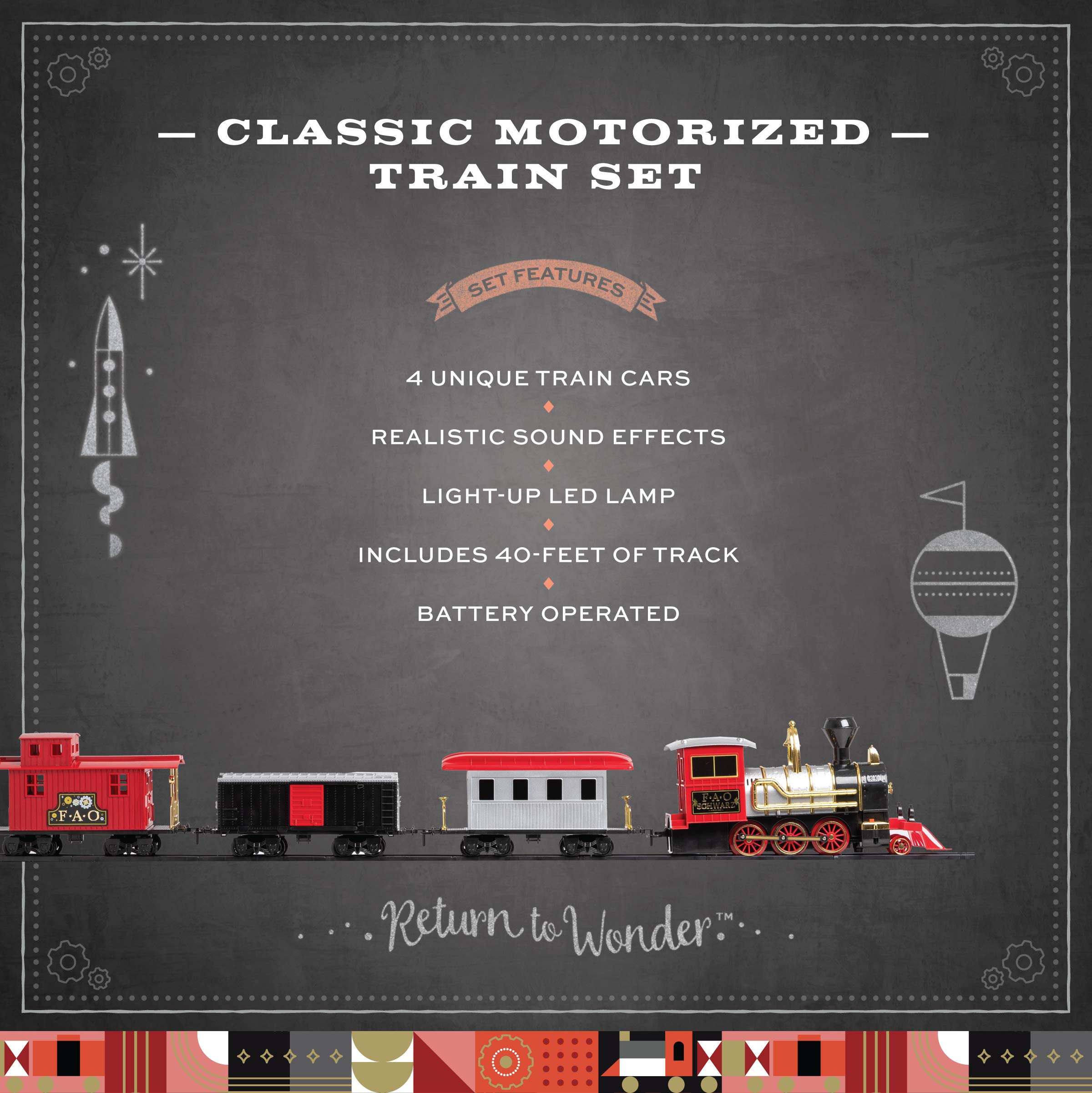 FAO Schwarz 1006832 Classic Motorized Train Set, Complete Toy Set with Engine, Cargo, 18' of Modular Tracks, Red/Black, Pack of 30