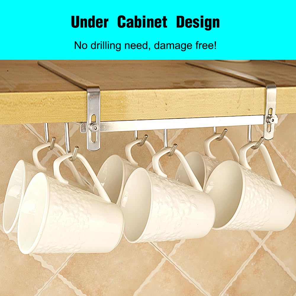 Coffee Mug Holder Under Cabinet - Silver 9 Hooks Cup Organizer for 1.18" Thickness Cabinet Hanging Mug Rack Tea Cup and Utensil Hooks Drilling Free Mug Hanger Under Shelf