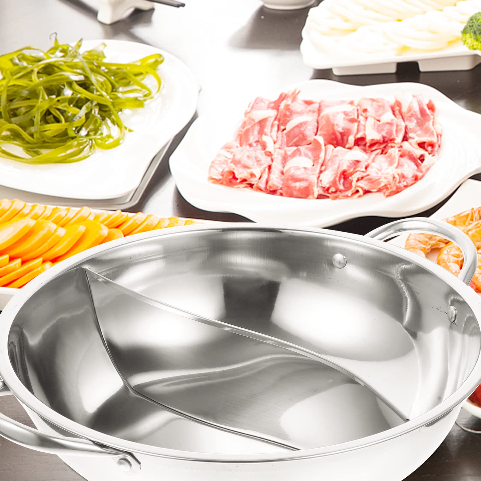 BESTonZON Stainless Steel Hot Pot with Divider Non-stick Shabu Shabu Pot Dual Sided Soup Cookware for Induction Cooktop Gas Stove 28cm