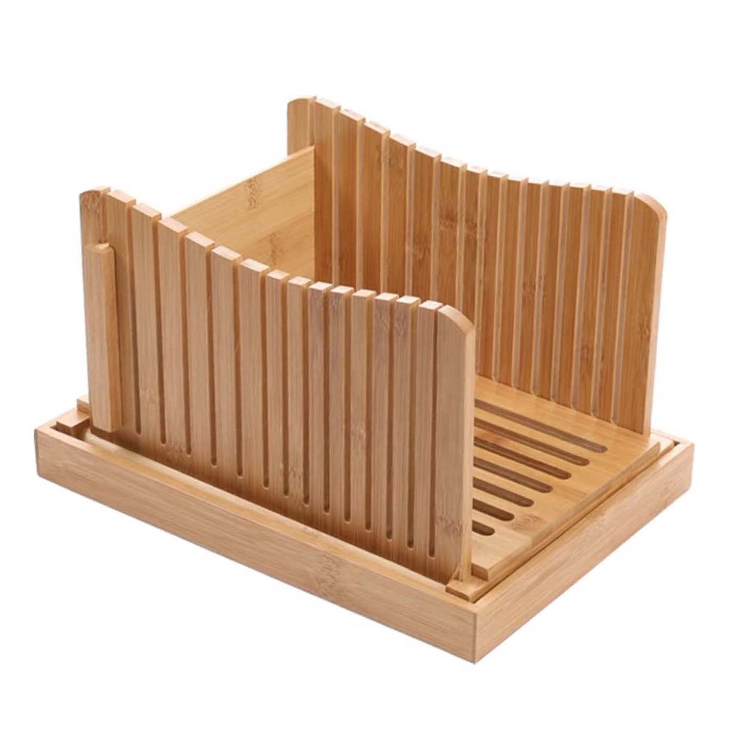 Bamboo Bread Slicer with Crumb Tray, Foldable Bread Cutting Guide, 3 Different Slice Thicknesses, Great for Homemade Bread