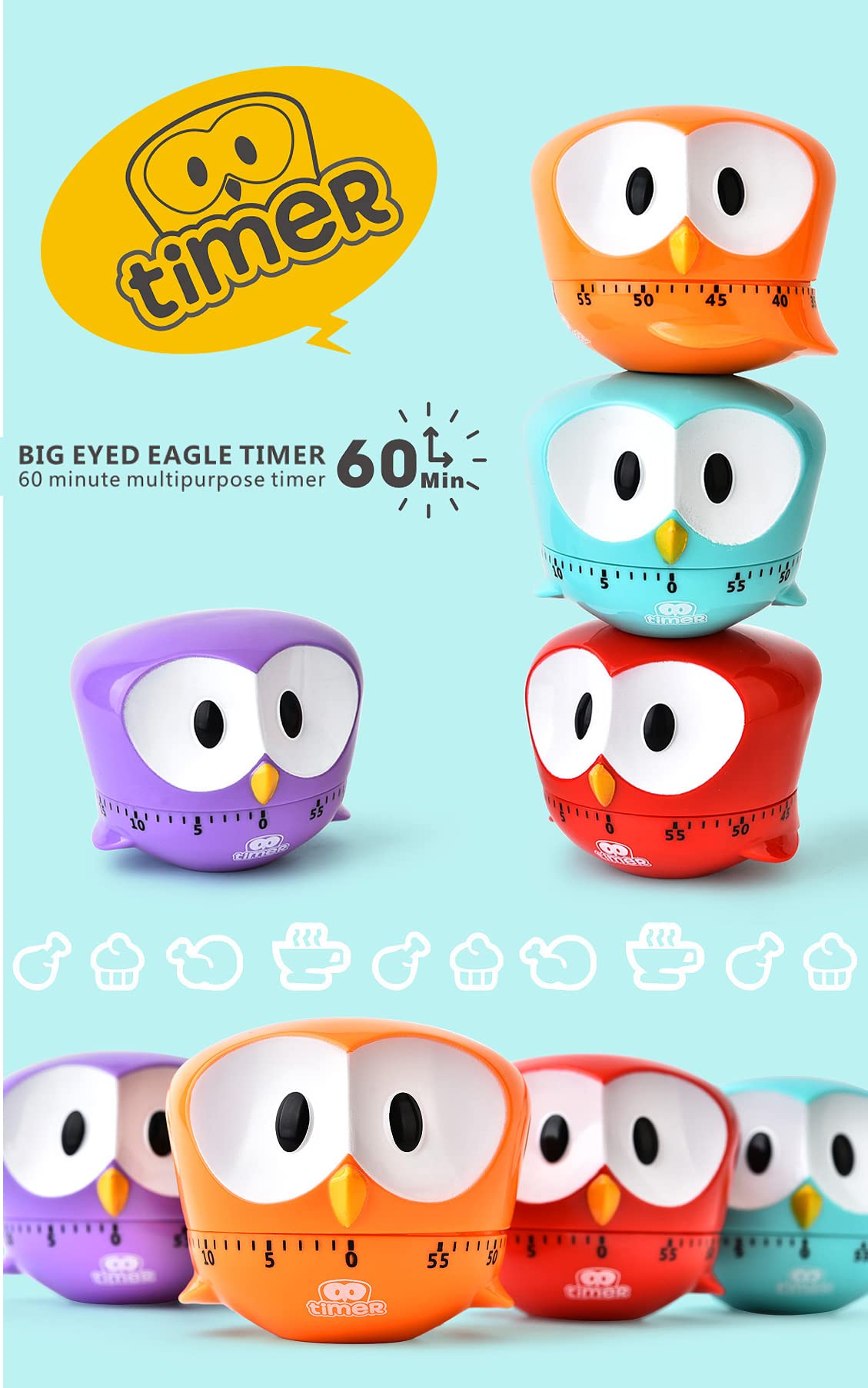 Blue Sky Big-Eyed Eagle Manually Mechanical Kitchen Timer, Clock Cooking, Pomodoro Alarm, Baking Reminder, Timer for Kids, Stopwatch, Hourglass, Wind Up 60 Minutes. Alarm Clock, Kids Cookingx