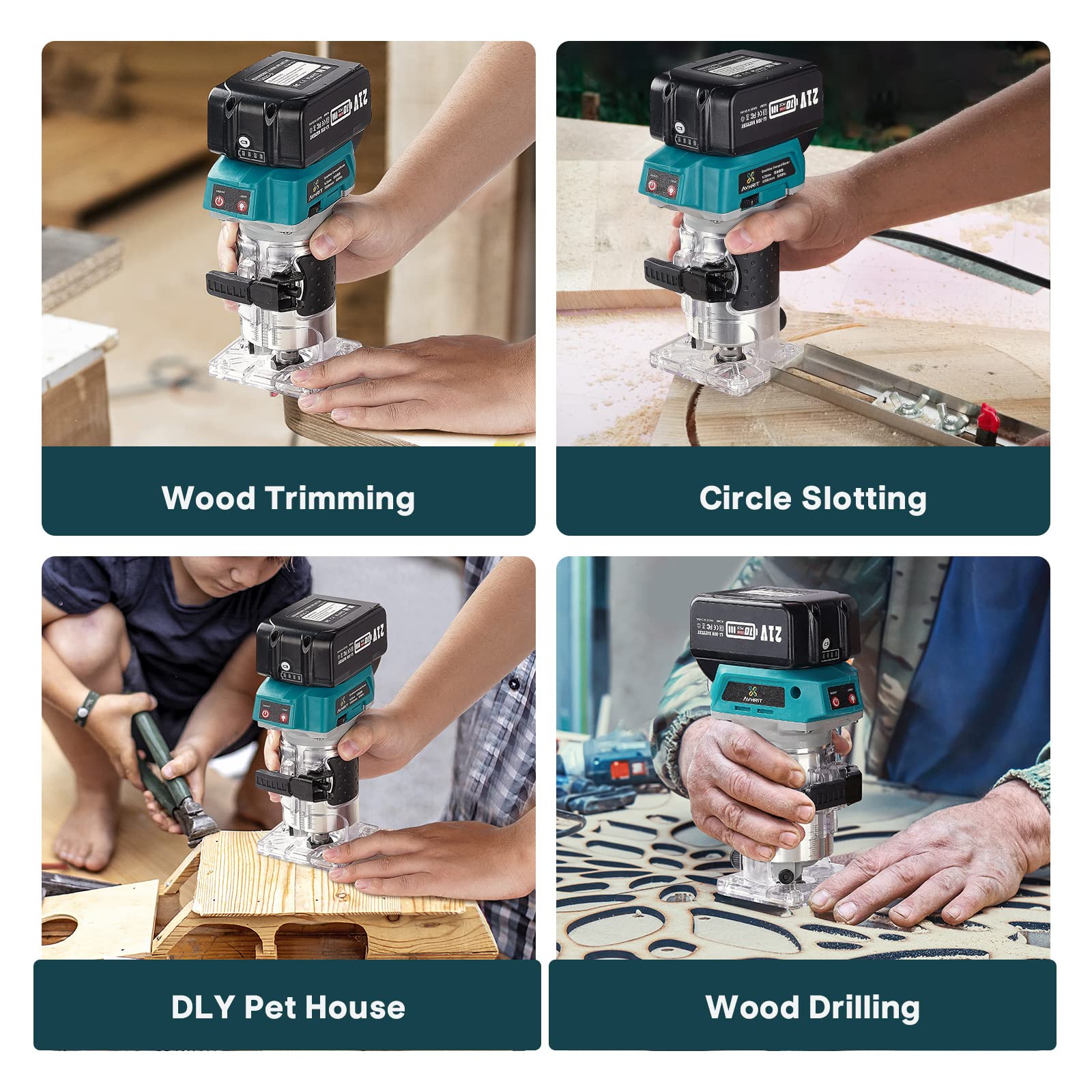 Avhrit Cordless Compact Router, Wood Router Tool With 2PCS 4.0Ah Batteries, 21V Brushless Portable Handheld Palm Routers for Woodworking, Wood Trimmer Cutting with 15 pieces 1/4" Router Bits Set