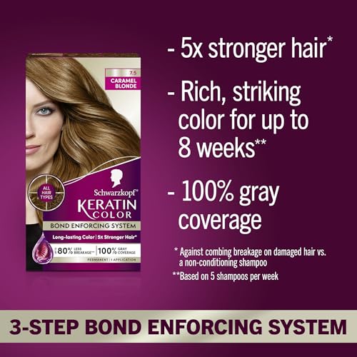 Schwarzkopf Keratin Color Permanent Hair Color, 7.5 Caramel Blonde, 1 Application Professionally Inspired Permanent Hair Dye for up to 80% Less Breakage vs Untreated Hair and up to 100% Gray Coverage