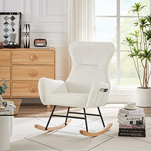 Velvet Rocking Chair for Baby Nursery, Comfy Small Rocker with 2 Pockets, Modern Upholstered Accent High Back Armchair for Living Room, Bedroom, and Office (Off White Velvet)