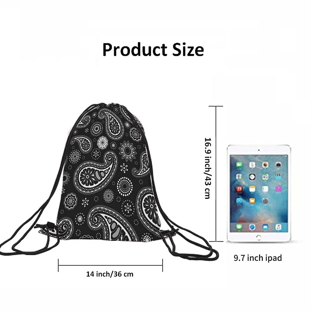 Beabes Paisley Pattern Drawstring Bags Backpack Bag Black White Floral Ethnic Asian Art Seamless Pattern Sport Gym Sack Drawstring Bag String Bag Yoga Bag for Men Women
