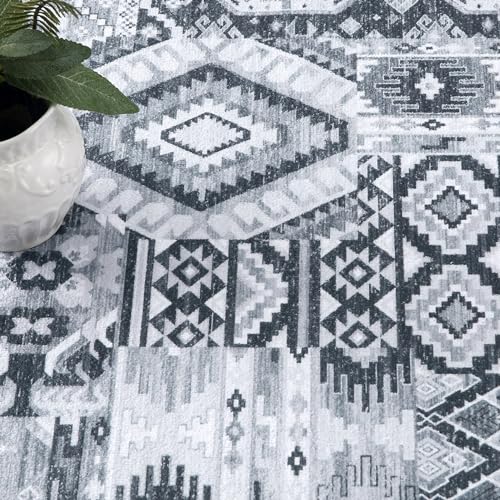 CAREMEE Machine Washable Area Rug 3x5 Tribal Entryway Mat Vintage Distressed Rug Indoor Low Pile Thin Rug Cozy Non Slip Foldable Area Rug for Living Room Bedroom Dining Room Grey