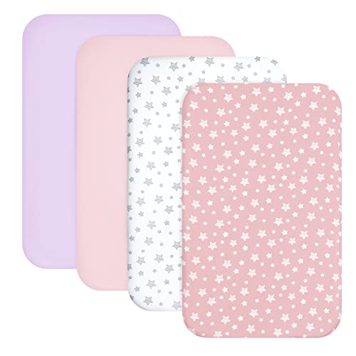 Mini Portable Crib Sheets 4 Pack for Girls (38" X 24"), Compatible with Dream on Me, Delta Porta Crib and Arms Reach Ideal Cosleeper, Pink