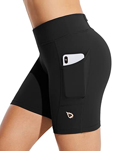 BALEAF Women's 7" Long Compression Running Shorts High Waisted Yoga Biker Shorts with 3 Pockets Black S