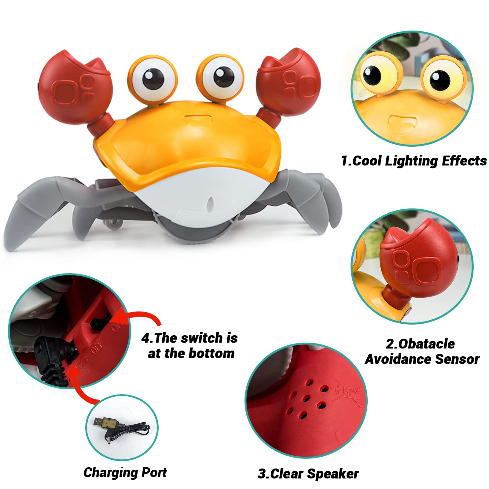Befocus Baby Crawling Crab Toy with Music and LED Light for Kids Toddles, Crab Toys with Automatic Induction and Obstacle Avoidance Function, USB Rechargeable Fun Moving Toys for Boys Girls (Yellow)