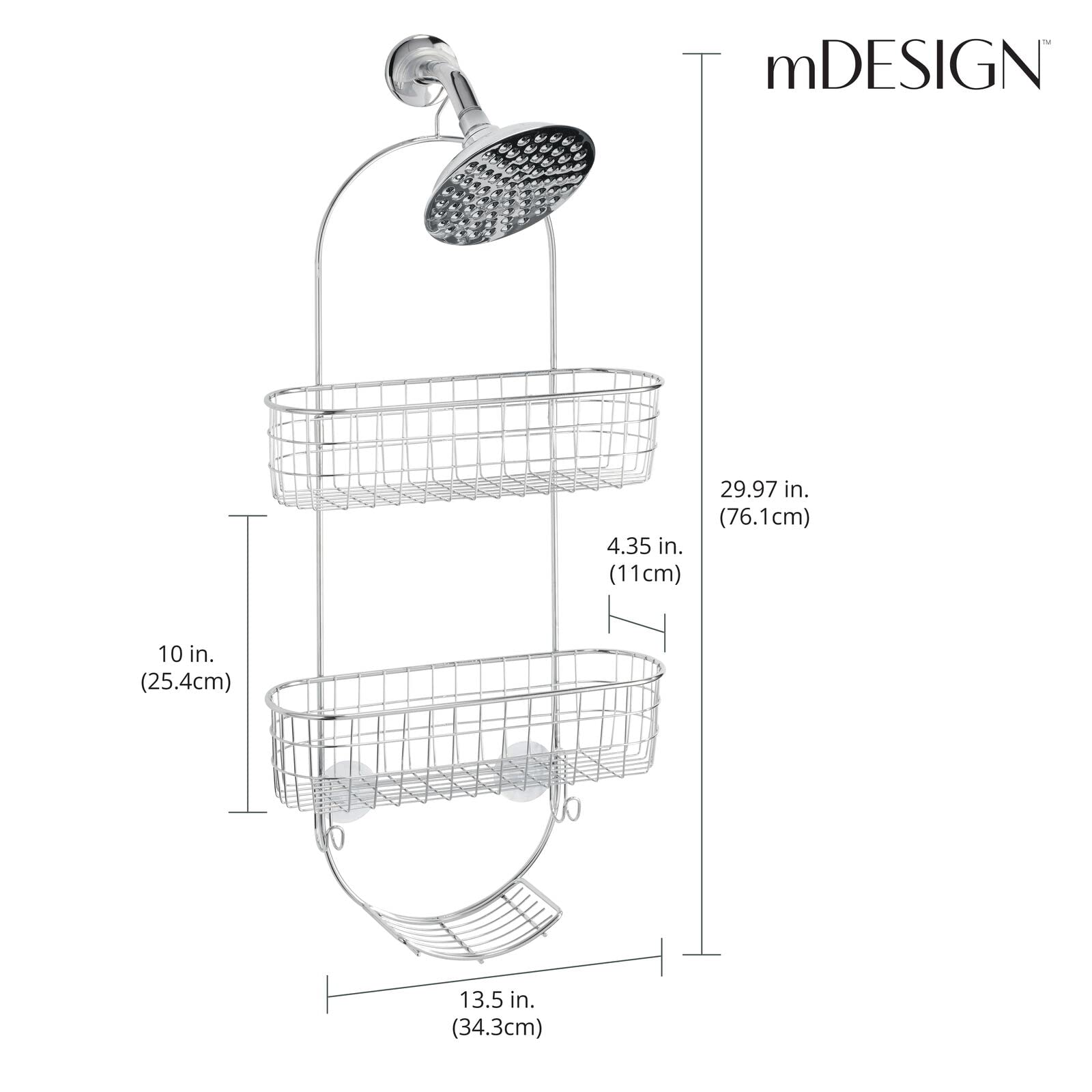 mDesign Steel Metal Curved Bathroom/Shower Caddy, Hanging Storage Organizer for Shampoo and Conditioner Bottles - 2-Tier Rack with Baskets - Holder for Soap, Body Wash, Concerto Collection, Chrome
