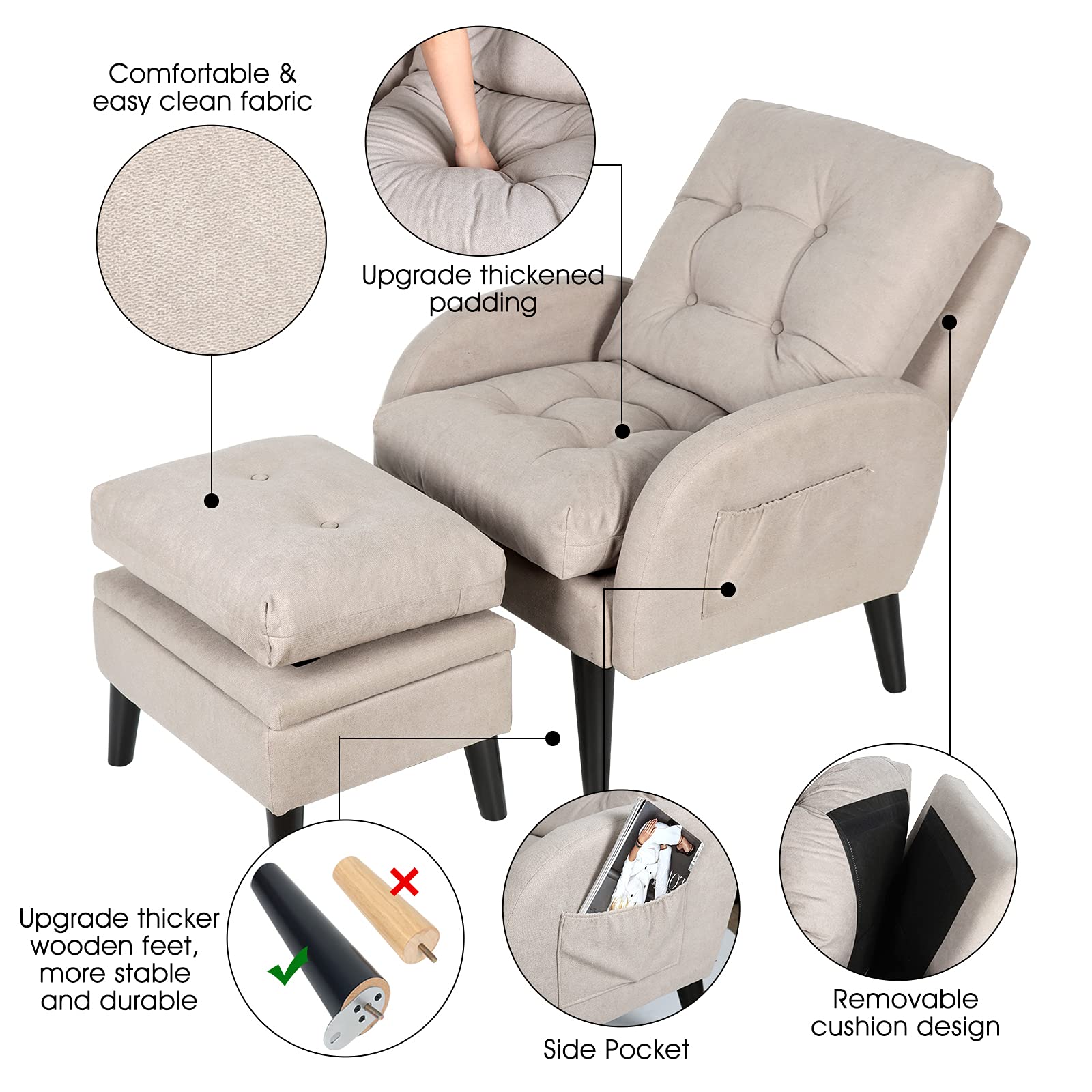 ELUCHANG Accent Chairs with Ottoman, Upholstered Comfy Armchair with Adjustable Backrest&Storage Footrest, Lazy Chair Reading Chair Leisure Sofa Recliner for Living Room Bedroom (Light Grey - Linen)