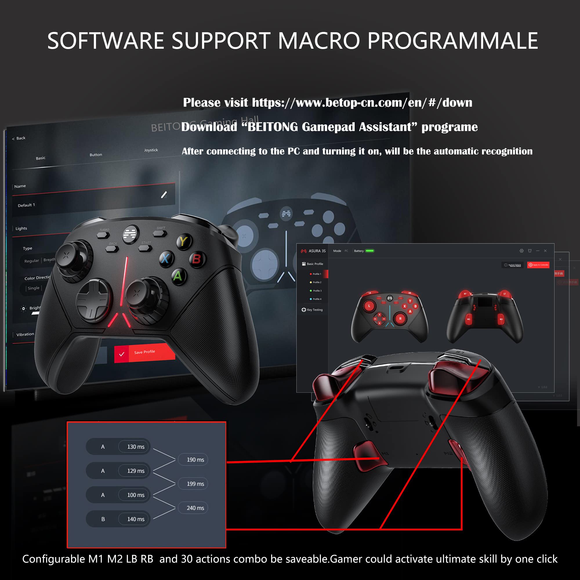 BEITONG Asura 3S PC Game Controller 2.4G Wireless Gamepad For Windows 7 8 10 11 Steam,950 mAh/Anti-wear Joystick Sensitivity Adjust Instant/Mechanic Keys/Trigger Locks/Modulary (Black)