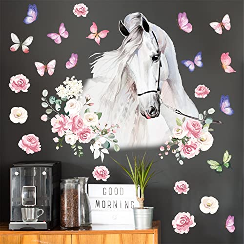 White Horses Wall Decals Farm Animal Decals Peel and Stick Wild Horse Wall Decor Butterfly Flowers Wall Stickers Horses Wall Art Mural for Living Room Kids Bedroom Nursery Farmhouse Office Decor Gift
