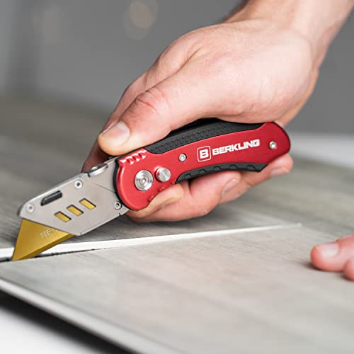Berkling Utility Knife Blades Titanium Fully Plated 50-Pack With Dispenser, SK2H Laser Sharpened Hardened, Ultra 3X Sharper and 15X More Durable, Standard T-Shape for Most of Cutters & Knives
