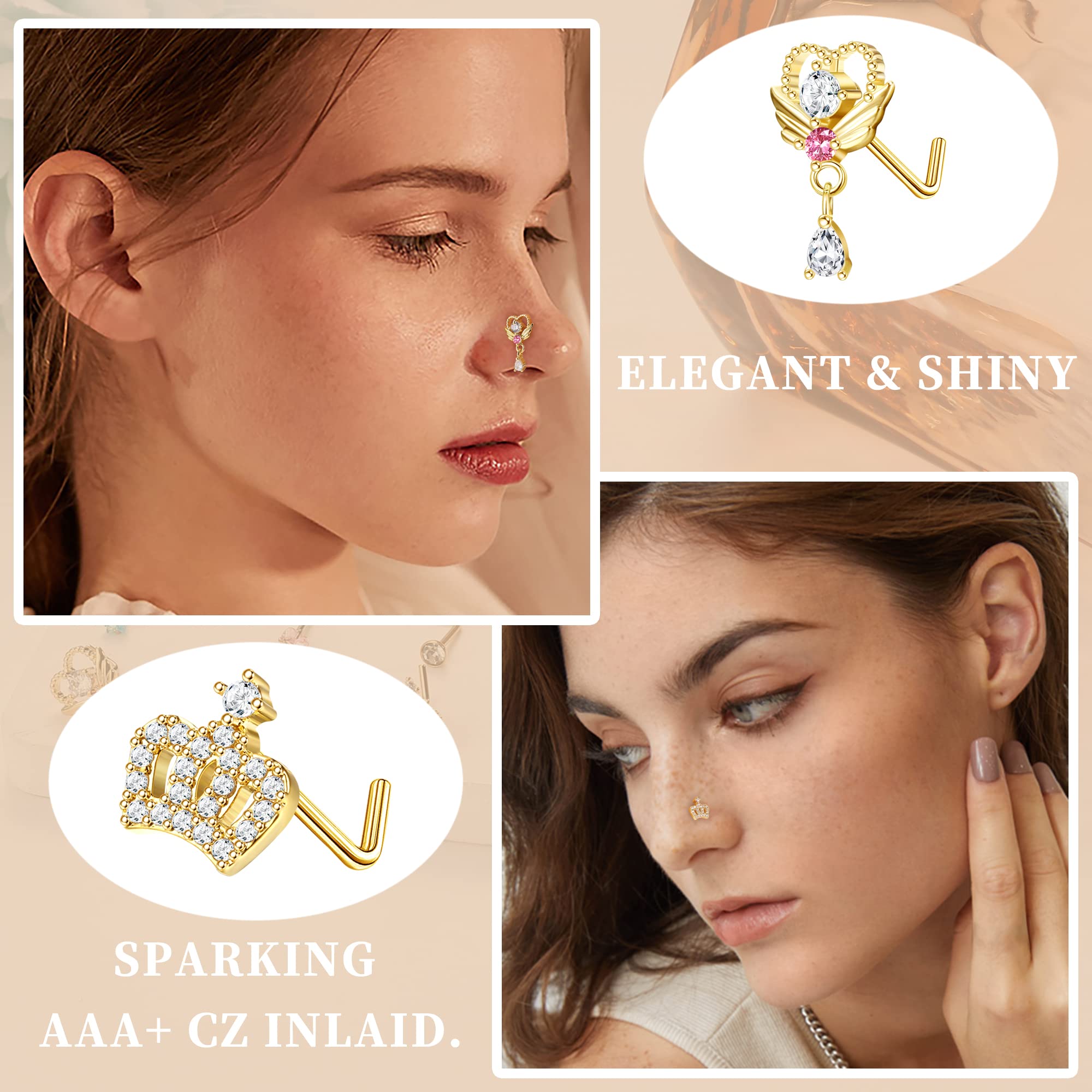 Besteel 12PCS Nose Ring Studs for Women 20G Stainless Steel L Shaped Nose Rings CZ Nose Studs Assorted Nose Piercing Jewelry Gold-tone
