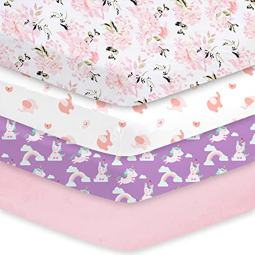 Little Grape Land Crib Sheets Girl 4 Pack, Baby Crib Sheets for Standard Crib & Toddler Mattress, Super Soft Breathable Crib Sheet Set for Girls, Pink Flowers/Elephant/Purple Unicorn/Solid Pink
