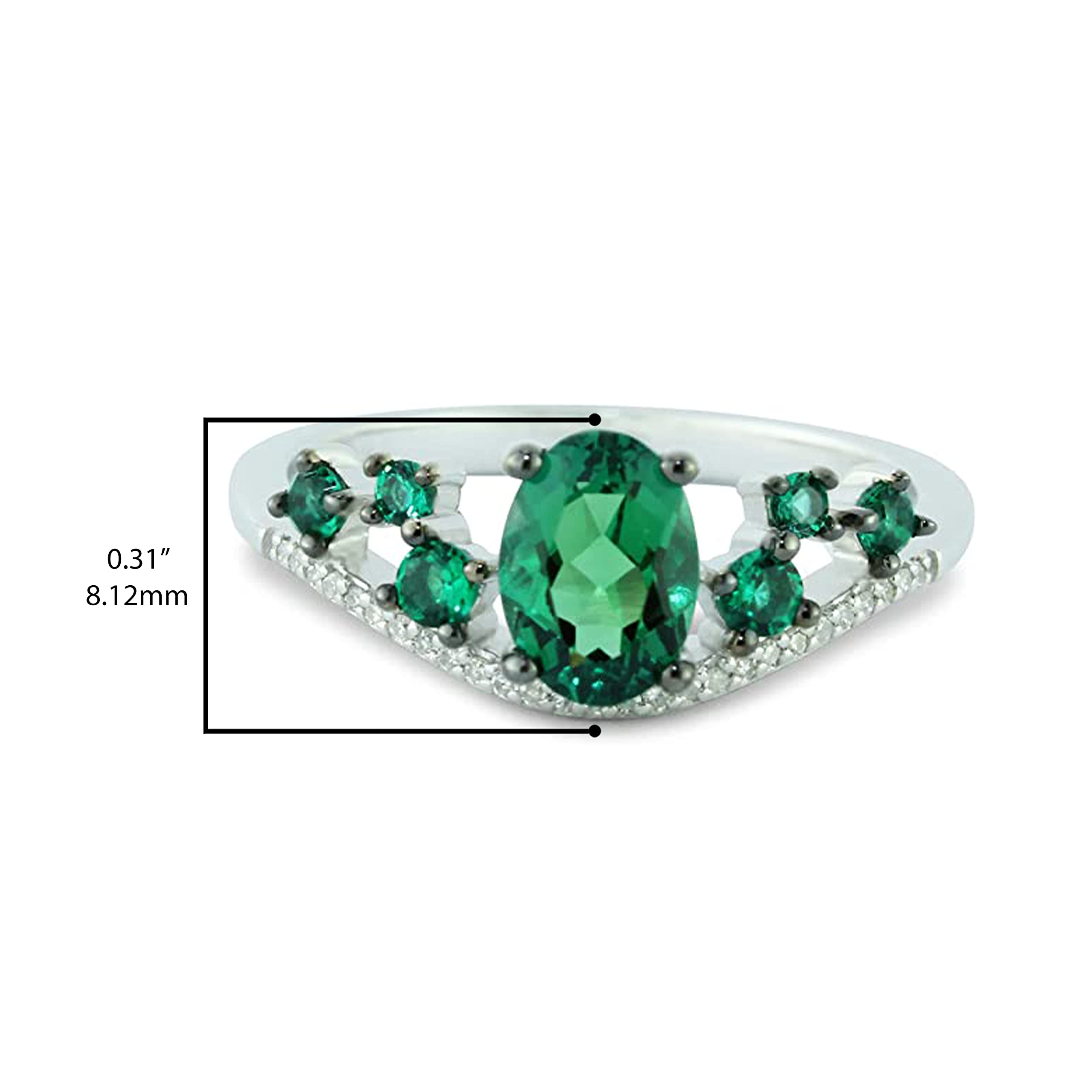 Belantina Heartland By Beverley Mitchell .925 Sterling Silver 7x5mm Oval Cut Lab-Created Emerald & Diamond Accented Curved Statement Ring (H-I, I2-I3) - Size 7