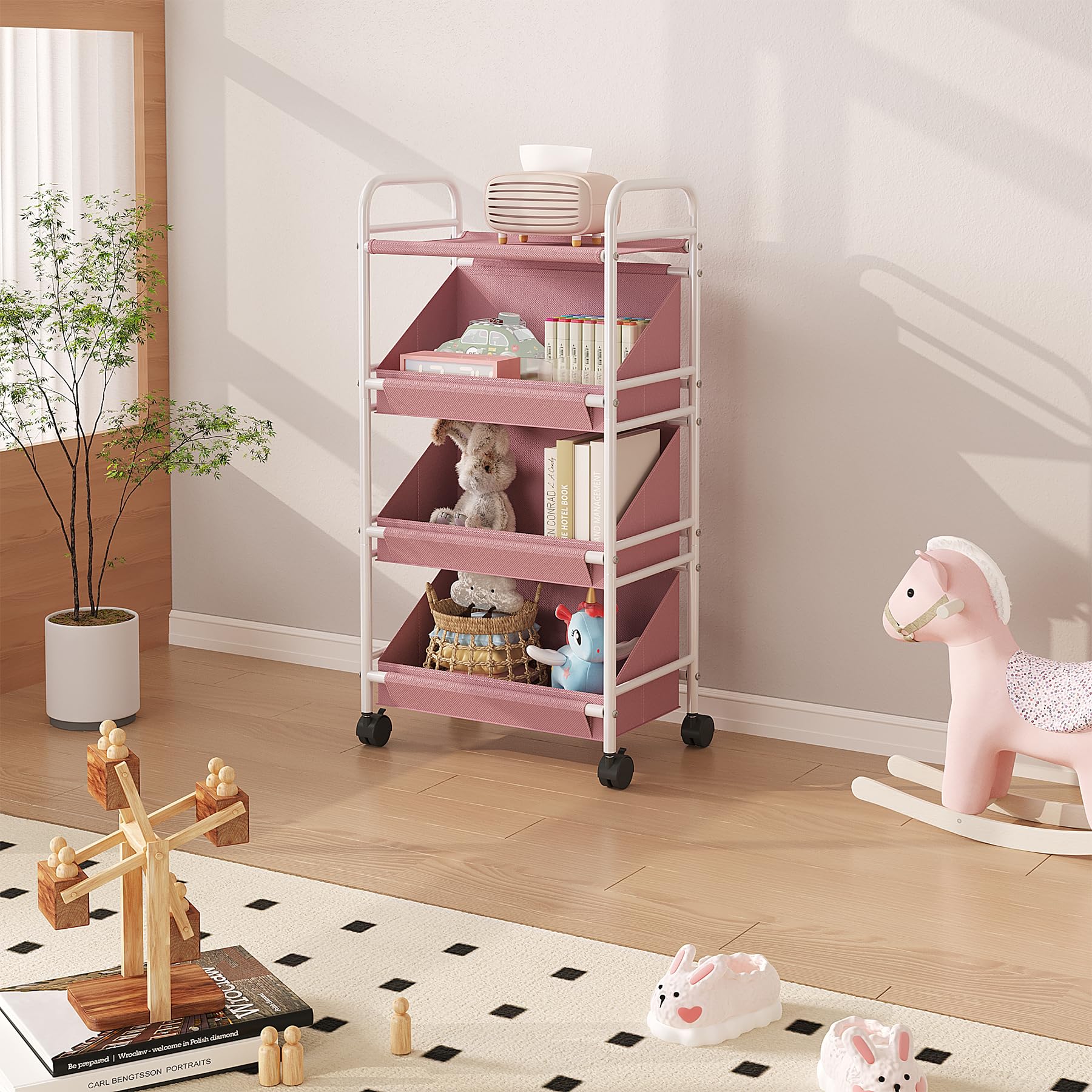 Buzowruil Utility Rolling Fabric Storage Rack Trolley Toy Rack Storage Cart Trolley with 3 Large Storage Boxes，Wheels, Suitable for Bedroom, Living Room, Entryway, Pink