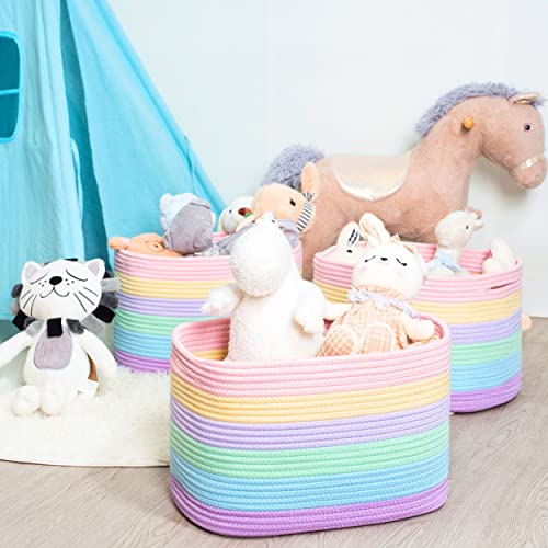 MINTWOOD Design 3-Pack Storage Baskets for Shelves, Playroom and Classroom Storage Basket, Book Basket, Decorative Storage Cube Bins, Woven Closet Organizers, Nursery Baskets, Pastel Rainbow