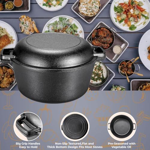TLGREEN Cast Iron Dutch Oven Pot with Lid,Cast Iron Pot (5.1QT) and Cast Iron Lid as a Skillet(1.9QT) - Dutch Oven Cast Iron with Silicone Holders, Iron Stand, for Oven, Stove, Grill,Campfire