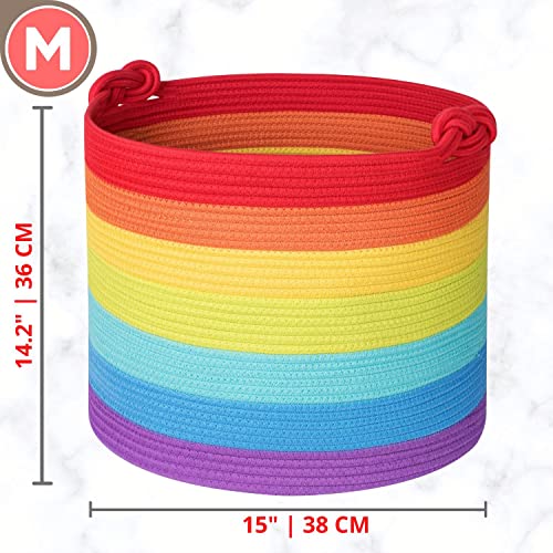 MINTWOOD Design 15 x 14.2 Inches Woven Cotton Rope Storage Basket, Stuffed Toy Basket Bin, Laundry Basket Hamper, Nursery Basket, Dog Toy Basket, Blanket Basket, Gift Basket, Rainbow