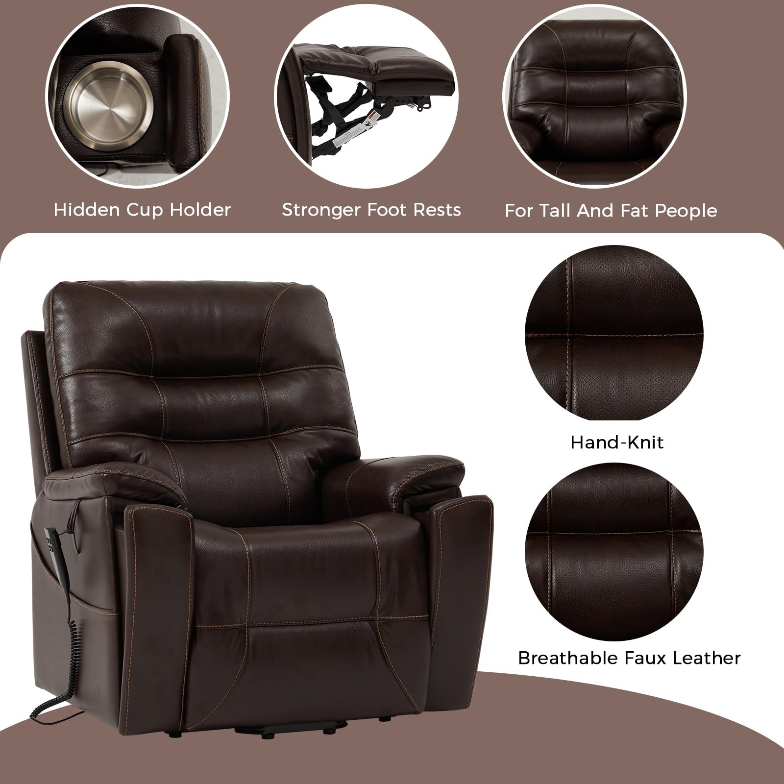 ASIMIL Large Power Lift Chairs Recliners for Elderly Dual OKIN Motor Infinite Position Ergonomics Sofa Lays Flat Chair,Hidden Cup Holder(Faux Leather,Brown