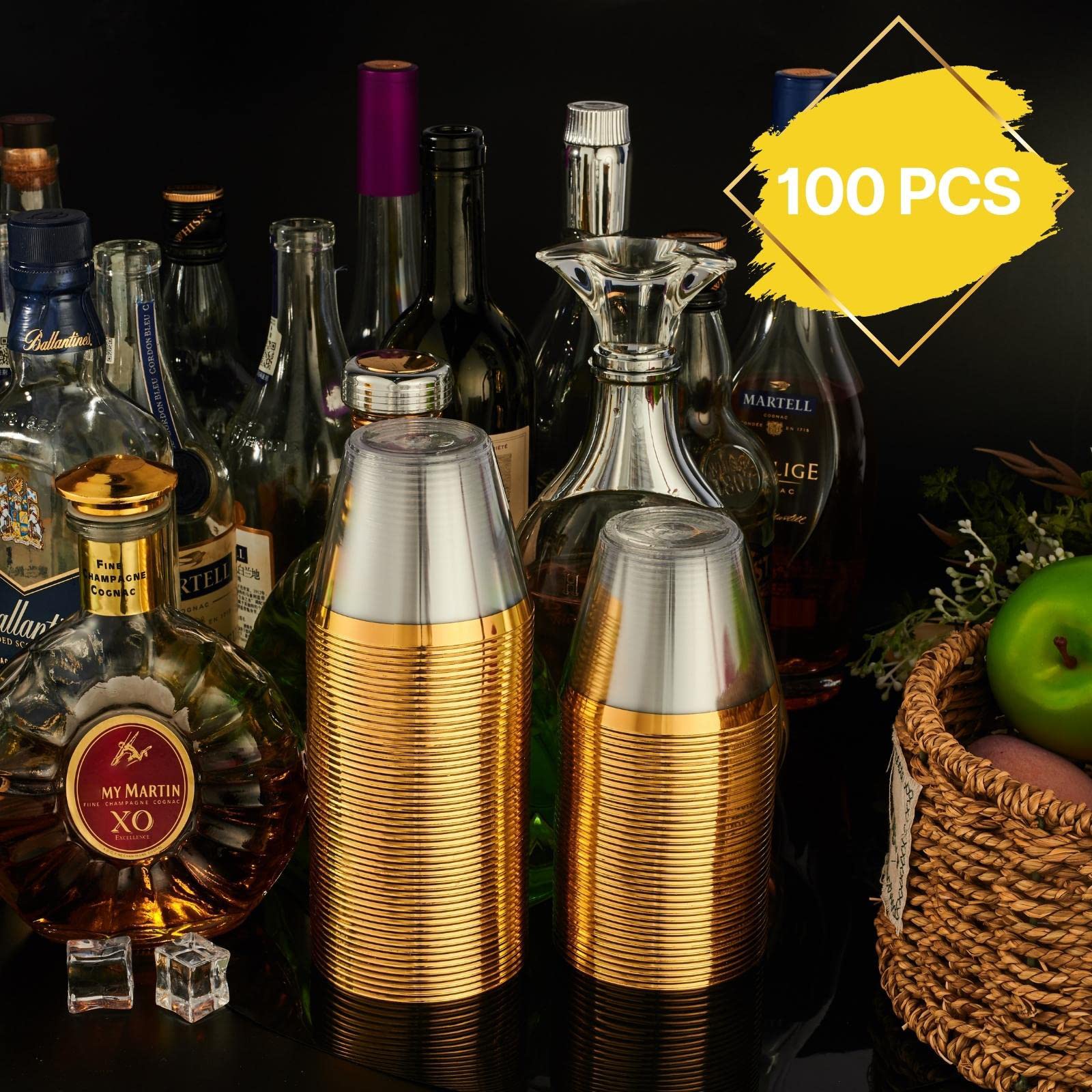 Athoma 12oz Gold Rimmed Plastic Cups Disposable, Drinket Gold Plastic Glasses for party, 100pcs Disposable Plastic Cups Tumblers, Hard Plastic Party Cups, Plastic Wedding Cups,Plastic Cups For Party