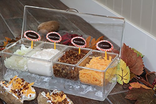 Oaklyn Large Clear Condiment Server Organizer on Ice with Containers and Lid β BPA-Free Serving Bar Compartments and Plastic Box Tray β Chilled Caddy Dispenser Set - Holds 80 oz Total