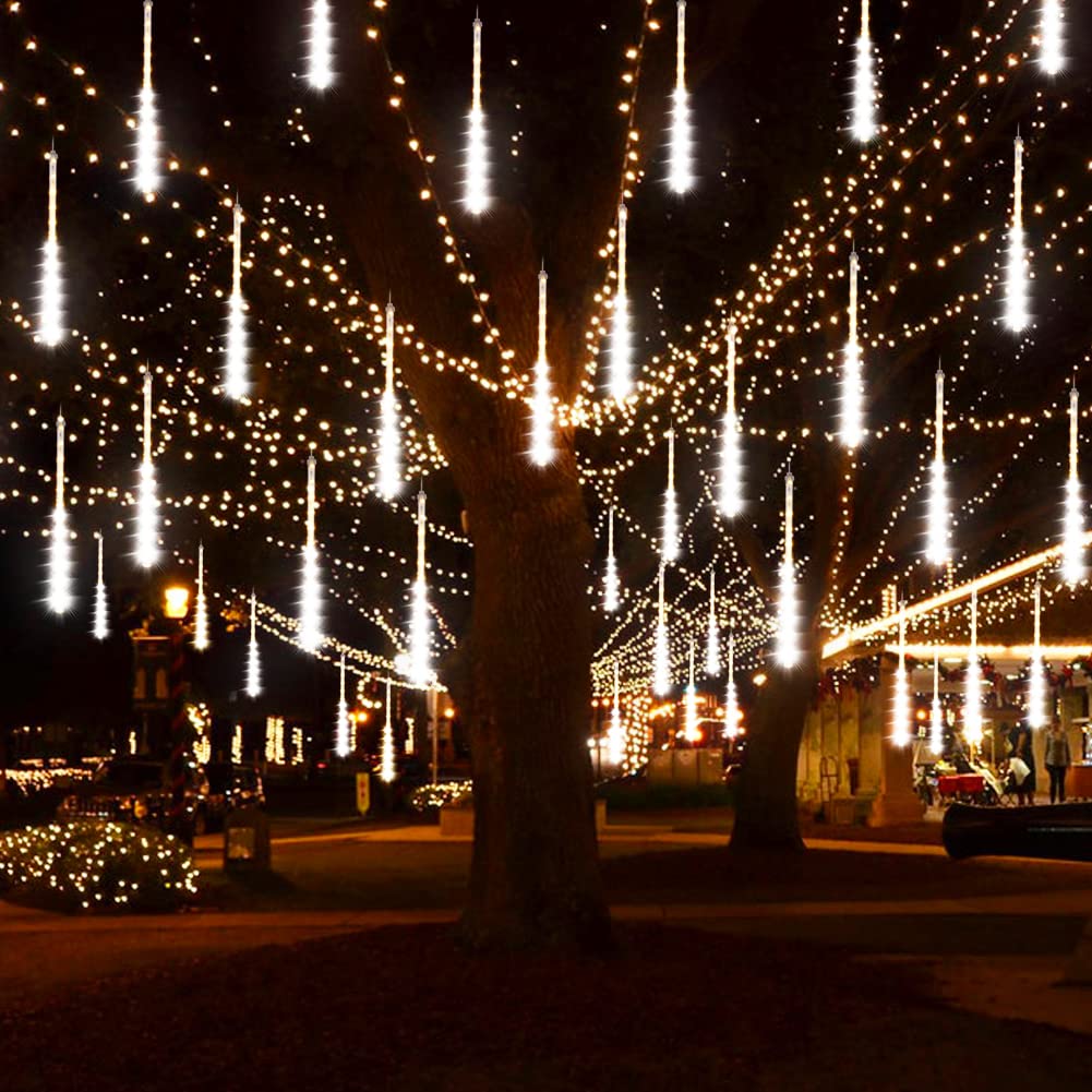 BestFire LED Meteor Shower Lights 11.8inch 8 Tubes 192 LEDs Falling Rain Lights Waterproof Falling Raindrop Light Meteor Shower Rain Lights for Home Xmas Tree Garden Outdoor Decoration, White