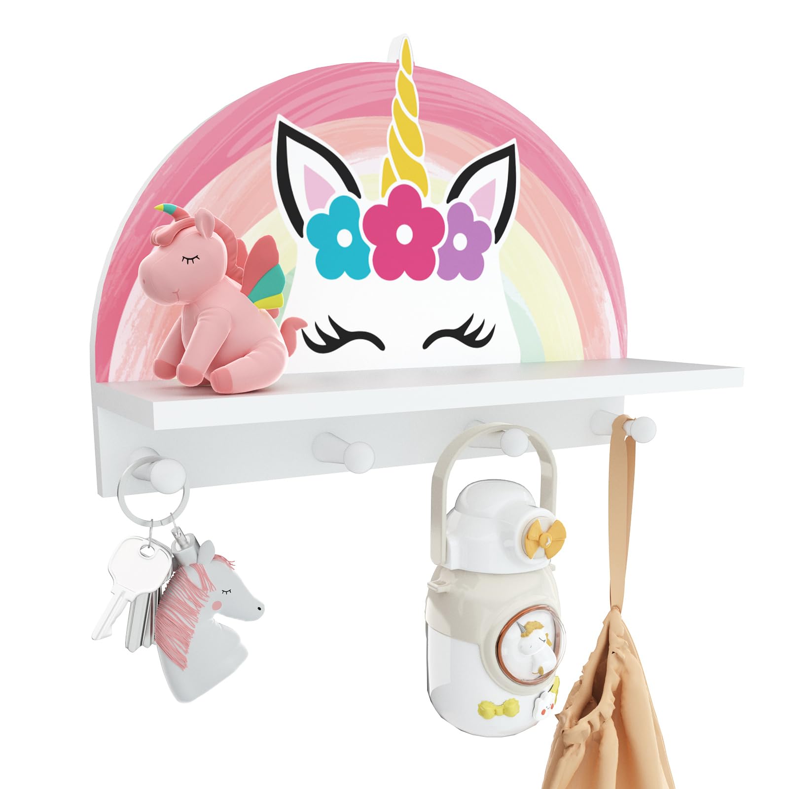 Garybank Unicorn Wall Shelf Decor for Girls Bedroom, Rainbow Decoration Kids Coat Rack with Hooks, Floating Shelf Wall Mounted Kids Coat Rack Decor for Girls Bedroom, Wooden Peg Shelf for Clothes
