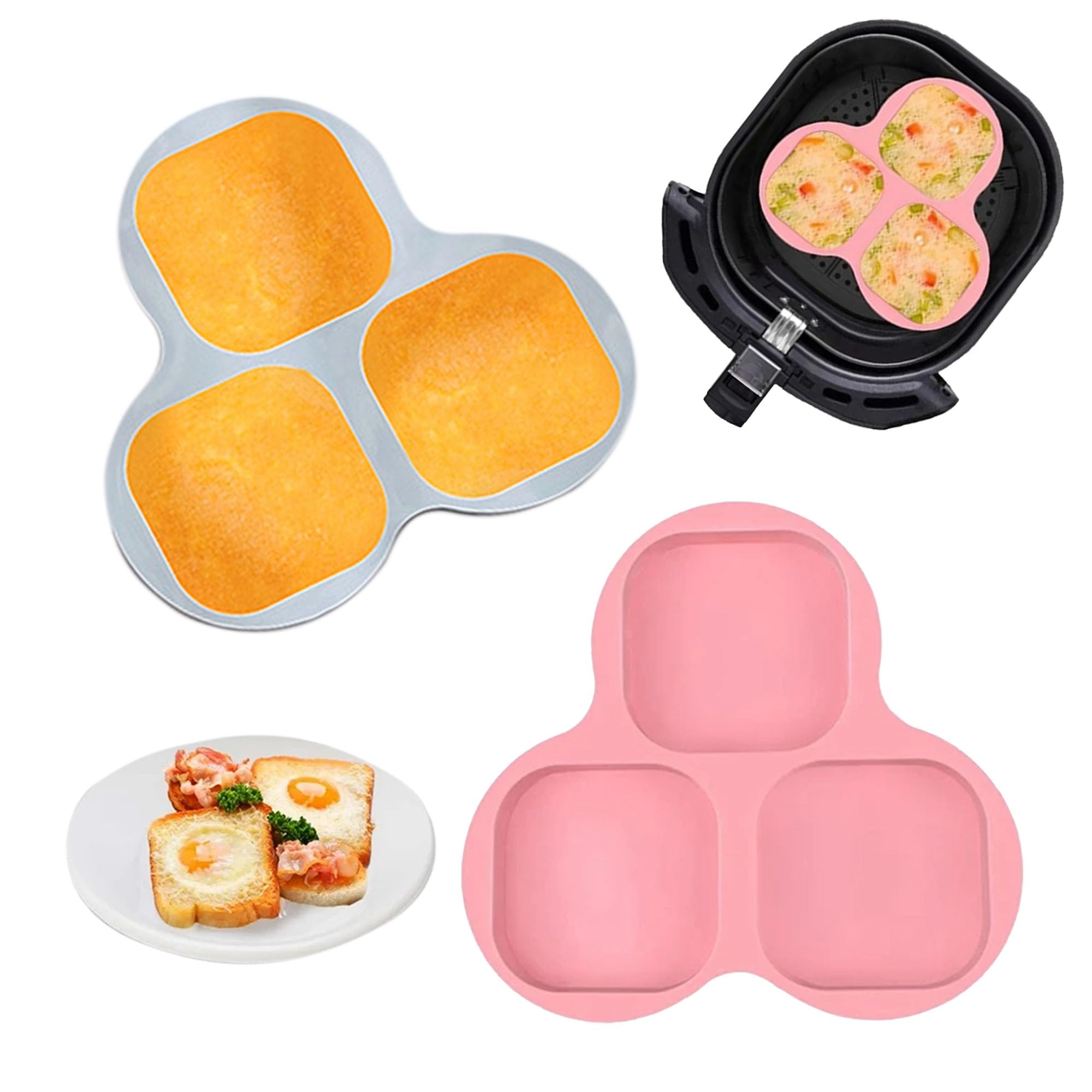 Non-Stick Air Fryer Pancake Maker, Reusable Air Fryer Egg Pan, Egg Poacher, Air Fryer Accessories, For Egg Sandwich, Hamburger, Muffin, Pancake (Square Silicone Pancake Egg Mold-3 cavity (Pink&Gray)