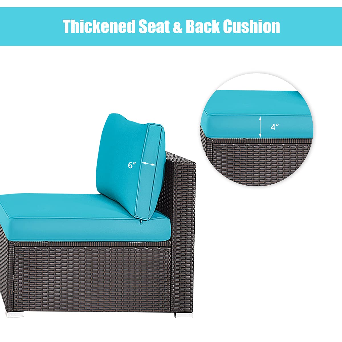 DORTALA 2 Piece Wicker Sectional Armless Chairs, Outdoor Rattan Sectional Sofa Set w/Cushions for Seat and Back, Additional Seats for Garden Balcony Patio Poolside, Turquoise