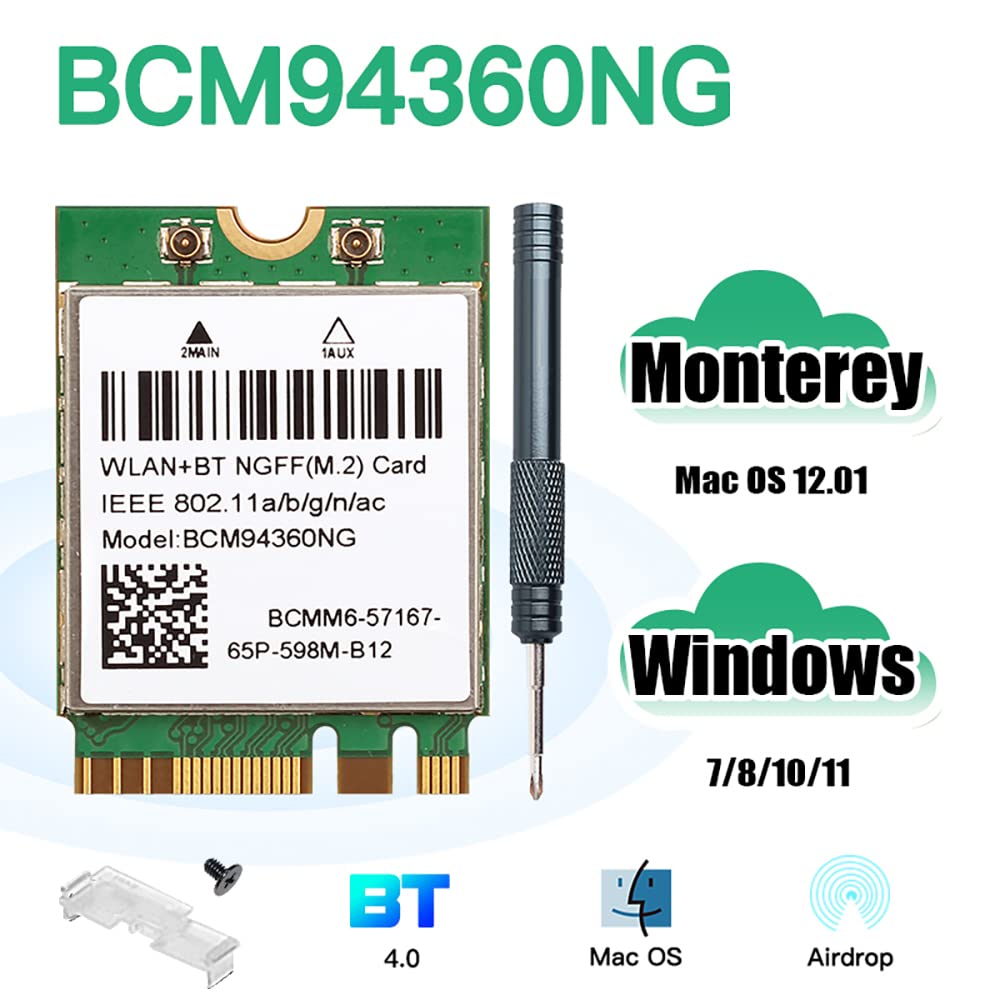 BCM94360NG NGFF M.2 2230 WiFi Card 802.11ac 1200Mbps Adapter for macOS BCM94360CS Wireless Card Original M.2 Card Plug and Play for AirDrop Continuity Handoff Better BCM94352Z DW1560 for Intel NUC