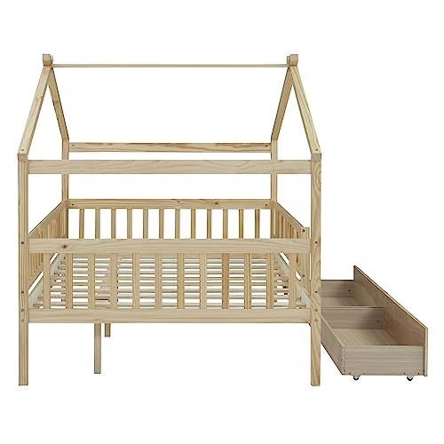 Polibi Full Size Wooden House Bed with Two Drawers,House-Shaped Platform Floor Bed Frame with Safety Guardrails for Toddlers Girls Boys Teens,Natural