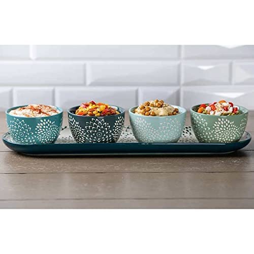 BAUM Mums Ceramic Serve 5-piece Serve Set (1) Tray & (4) Bowls Blue Floral Appetizer Serving Bowls Set, White