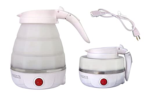 Portable Electric Kettle – Dual Voltage – Expandable & Collapsible for Easy Storage – Convenient and Folding for Travel – BPA Free Food Grade Silicone (White)
