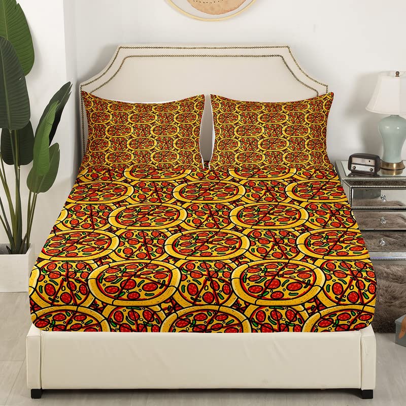 Pizza Bed Sheet Set Kids Chocolate Doughnut Fitted Sheet Decor Whimsical Dessert Bedding Set Abstract Desserts Food Orange Red Bedspread Cover Bedroom Queen Size