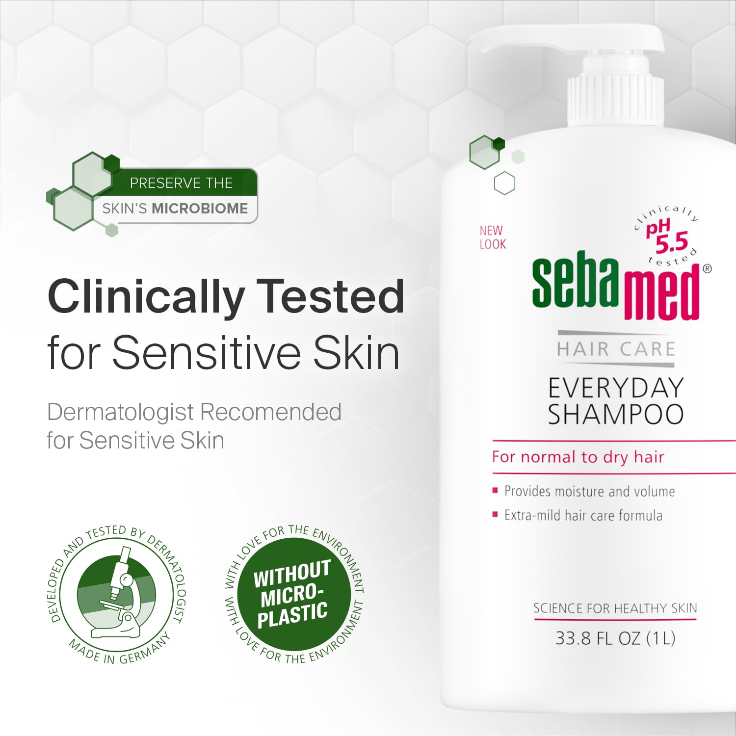 seba med Everyday Shampoo for All Hair Types and Sensitive Scalp 33.8 Fl. Oz (1L) Hypoallergenic Dermatologist Recommended pH 5.5 Soap and Alkali Free