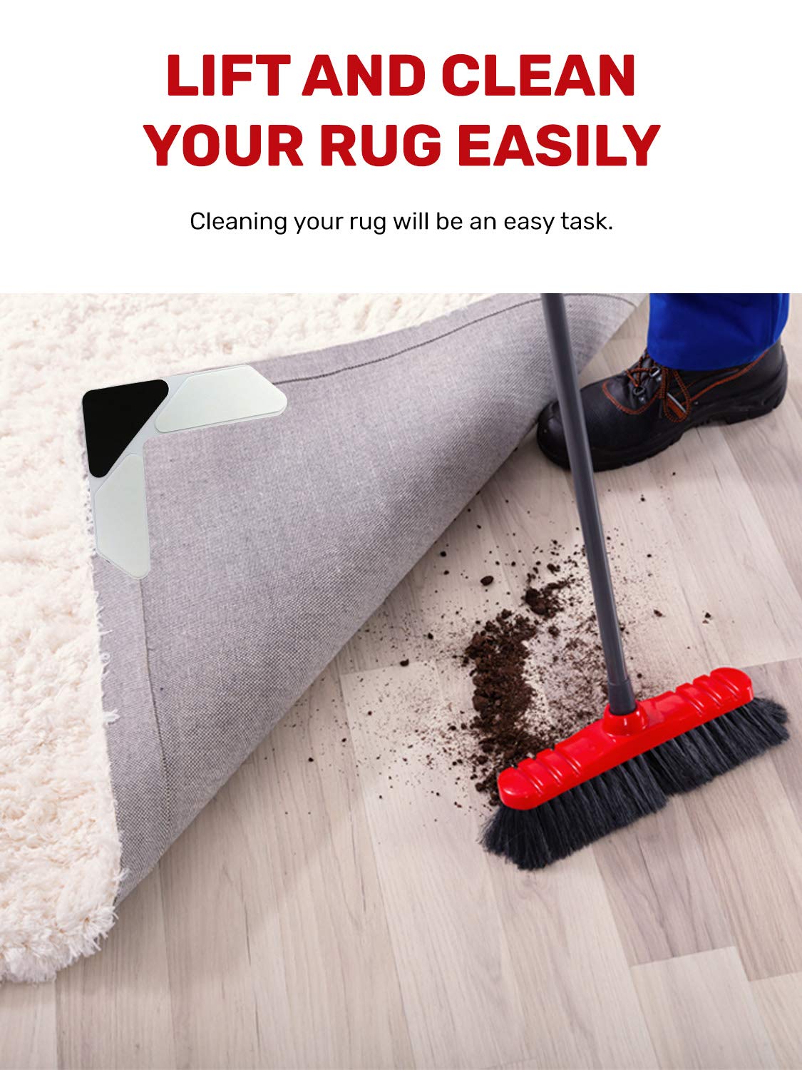 NeverCurl 4pk Rug Corner Grippers - Instantly Flattens Rug Corners Stops Slipping, Stiff Layer Prevent Curling, Renewable Carpet Gripper Sticky Gel, Easy Lift Design to Clean Under Rugs, Carpet Tape