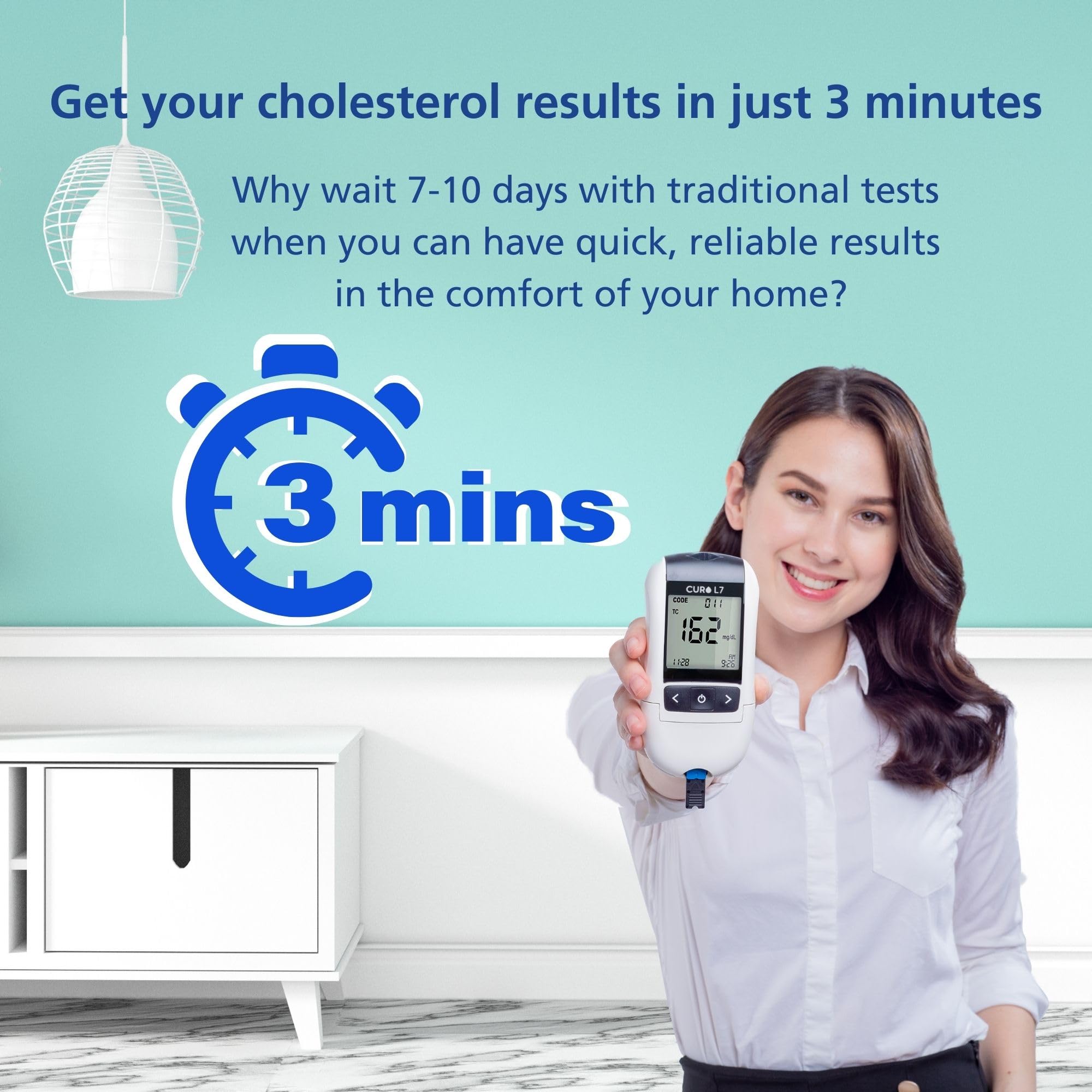 CURO-L7 Professional Grade Blood Cholesterol Testing with Home KIT - All-in-One Test Device, Test Strips 5ea, Lancets, and EziTube Rod Included