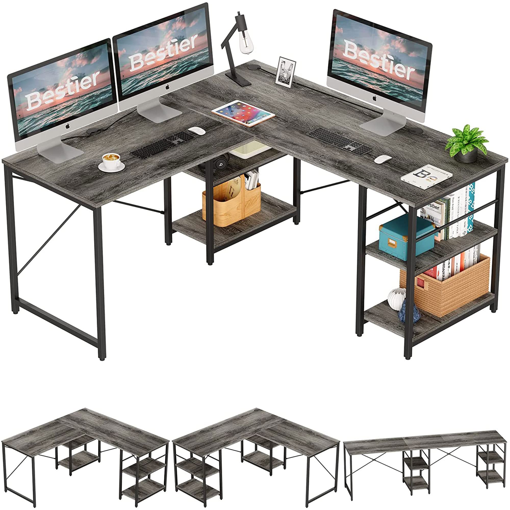 Bestier L Shaped Desk with Shelves,Reversible Corner Computer Desk or 2 Person Long Table for Home Office Large Gaming Writing Storage Workstation P2 Board with 3 Cable Holes, (Gray, 95 Inch)