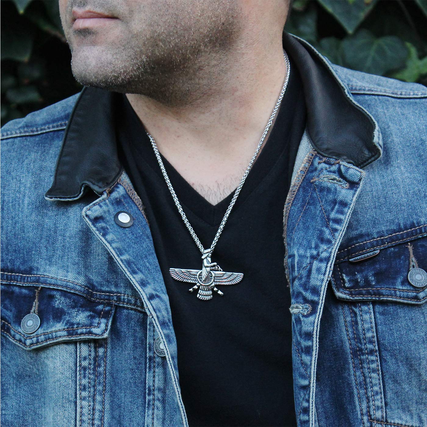 Asoodehdelan Large Farvahar Necklace Iranian Persian Art Iran Farohar Zoroastrian Faravahar Chain Necklace (Silver Plated, 18)