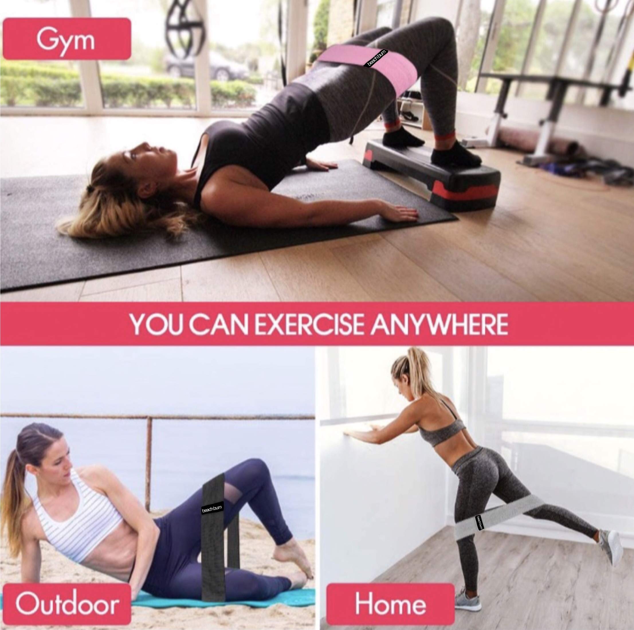 BEACH BUM Resistance Bands for Legs and Butt, Fabric Booty Bands, 3-Set Exercise Bands for Toning, Sculpting, Strength Training, Fitness, Squats, Lunges, Pilates, Yoga, Stretching, Glutes, Abs, Hips