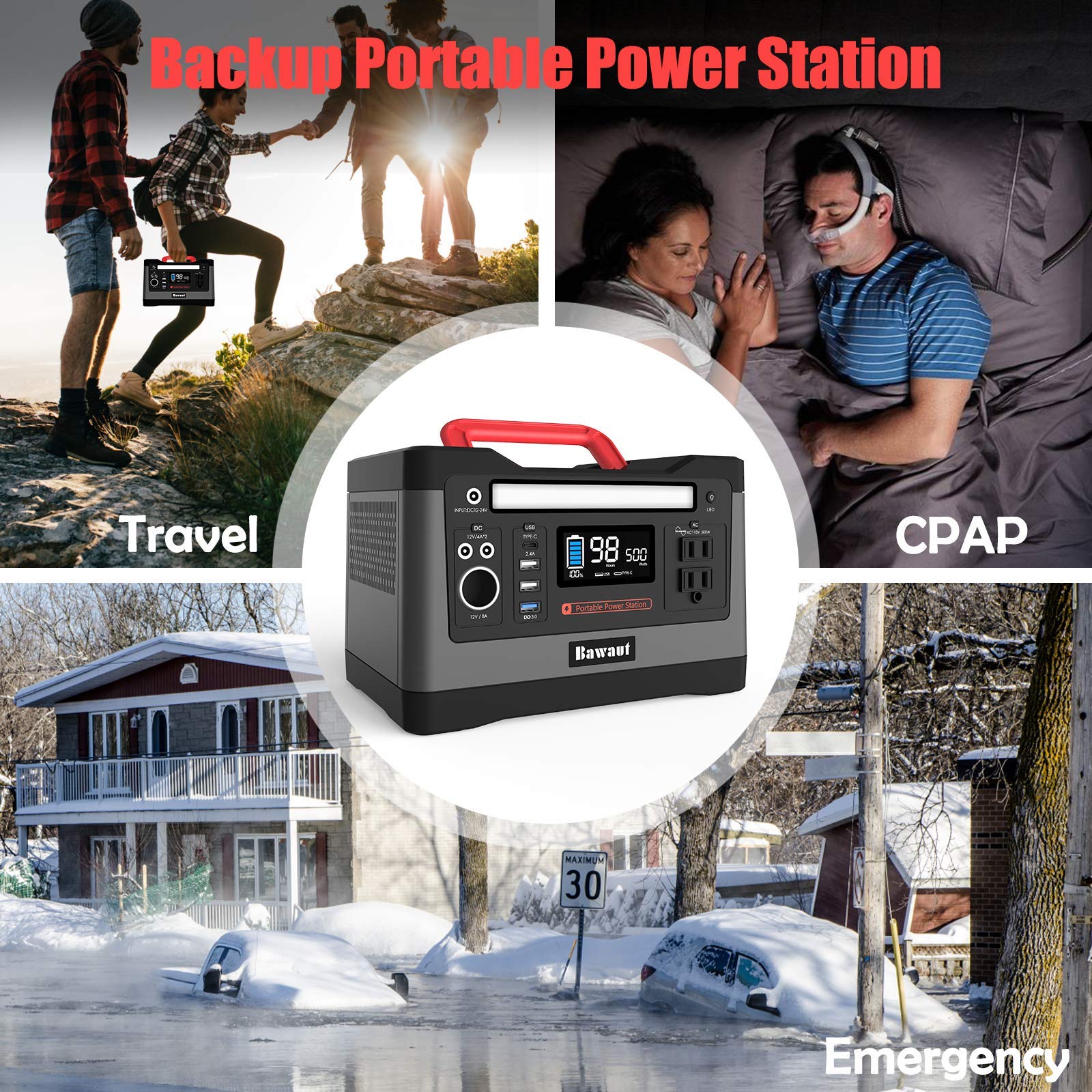 Bawaut Portable Power Station,540Wh Backup Lithium Battery, 110V/500W AC Outlet Outdoor Generators,12V DC & USB, USB-C Outputs, Solar Rechargeable Backup Power for Travel Camping Emergency