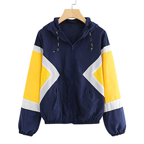Fheaven Women Casual Long Sleeve Zipper Color Block Patchwork Slim Fit Hooded Sport Coat Yellow