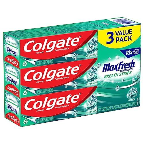 Colgate Max Fresh with Whitening Toothpaste with Mini Breath Strips, Clean Mint Toothpaste for Bad Breath, 6.3 Oz Tube. 3 Pack